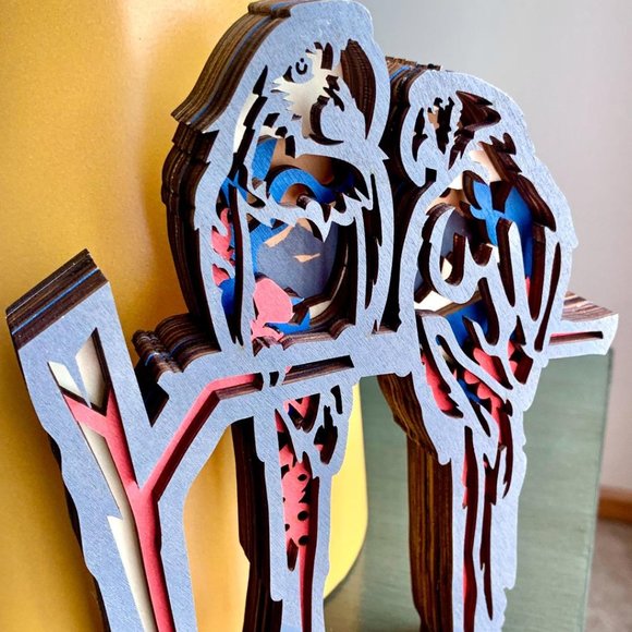 Accents | Tropical Jungle Parrots On Branch Bird Wood Wooden 3d Shadow ...